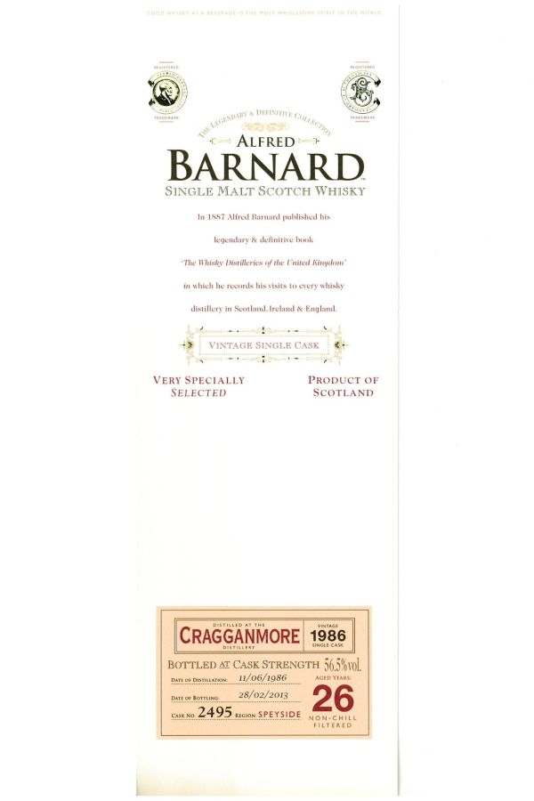 ALFRED BARNARD Cragganmore 1986 26 years Single Cask 克拉格摩爾 1986 26年 單桶原 ...